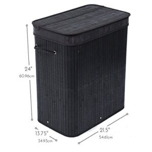 BIRDROCK HOME Double Laundry Hamper with Lid and Cloth Liner - Bamboo - Black - Easily Transport Laundry Basket - 2 Section Collapsible Hamper - String Handles