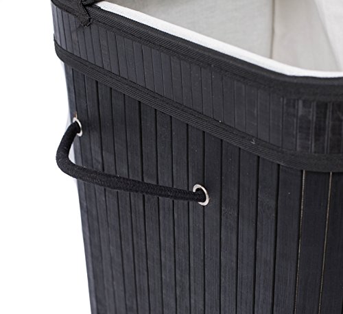 BIRDROCK HOME Double Laundry Hamper with Lid and Cloth Liner - Bamboo - Black - Easily Transport Laundry Basket - 2 Section Collapsible Hamper - String Handles