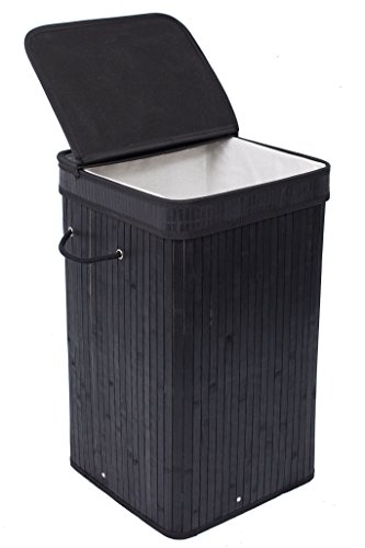 BIRDROCK HOME Square Laundry Hamper with Lid and Cloth Liner - Bamboo - Black - Easily Transport Laundry Basket - Collapsible Hamper - String Handles