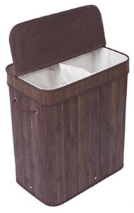 birdrock home double laundry hamper with lid and cloth liner - bamboo - espresso - easily transport laundry basket - 2 section collapsible hamper - string handles