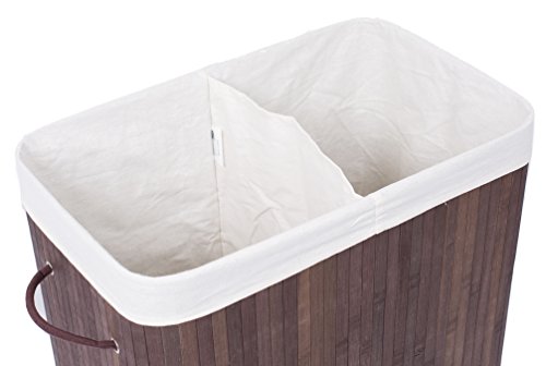 BIRDROCK HOME Double Laundry Hamper with Lid and Cloth Liner - Bamboo - Espresso - Easily Transport Laundry Basket - 2 Section Collapsible Hamper - String Handles