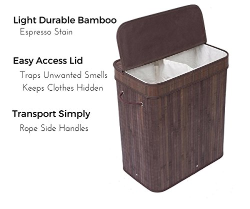 BIRDROCK HOME Double Laundry Hamper with Lid and Cloth Liner - Bamboo - Espresso - Easily Transport Laundry Basket - 2 Section Collapsible Hamper - String Handles