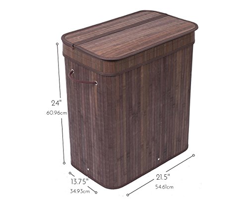 BIRDROCK HOME Double Laundry Hamper with Lid and Cloth Liner - Bamboo - Espresso - Easily Transport Laundry Basket - 2 Section Collapsible Hamper - String Handles