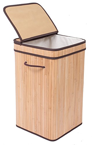 BirdRock Home Square Laundry Hamper with Lid and Cloth Liner - Bamboo - Natural - Easily Transport Laundry - Collapsible Hamper - String Handles