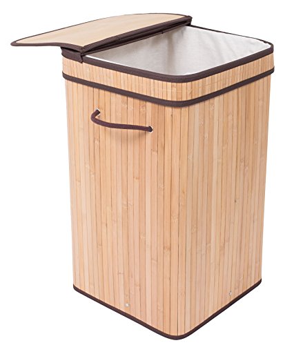 BirdRock Home Square Laundry Hamper with Lid and Cloth Liner - Bamboo - Natural - Easily Transport Laundry - Collapsible Hamper - String Handles