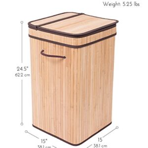 BirdRock Home Square Laundry Hamper with Lid and Cloth Liner - Bamboo - Natural - Easily Transport Laundry - Collapsible Hamper - String Handles