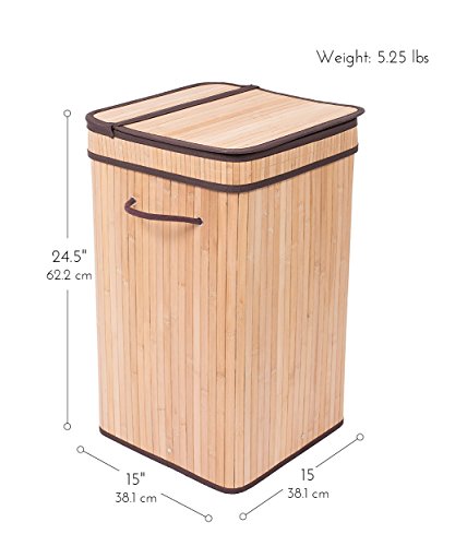 BirdRock Home Square Laundry Hamper with Lid and Cloth Liner - Bamboo - Natural - Easily Transport Laundry - Collapsible Hamper - String Handles