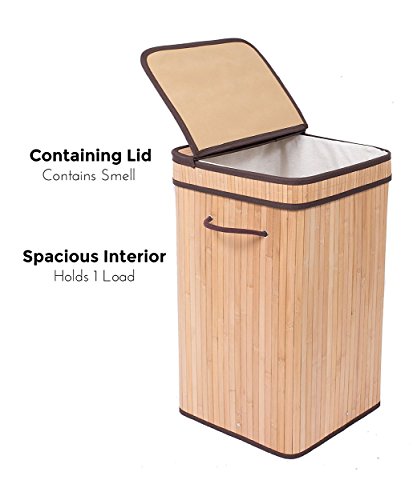 BirdRock Home Square Laundry Hamper with Lid and Cloth Liner - Bamboo - Natural - Easily Transport Laundry - Collapsible Hamper - String Handles