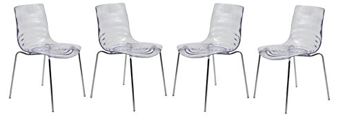 LeisureMod Astor Water Ripple Design Modern Lucite Dining Side Chair with Metal Legs, Set of 4, Clear