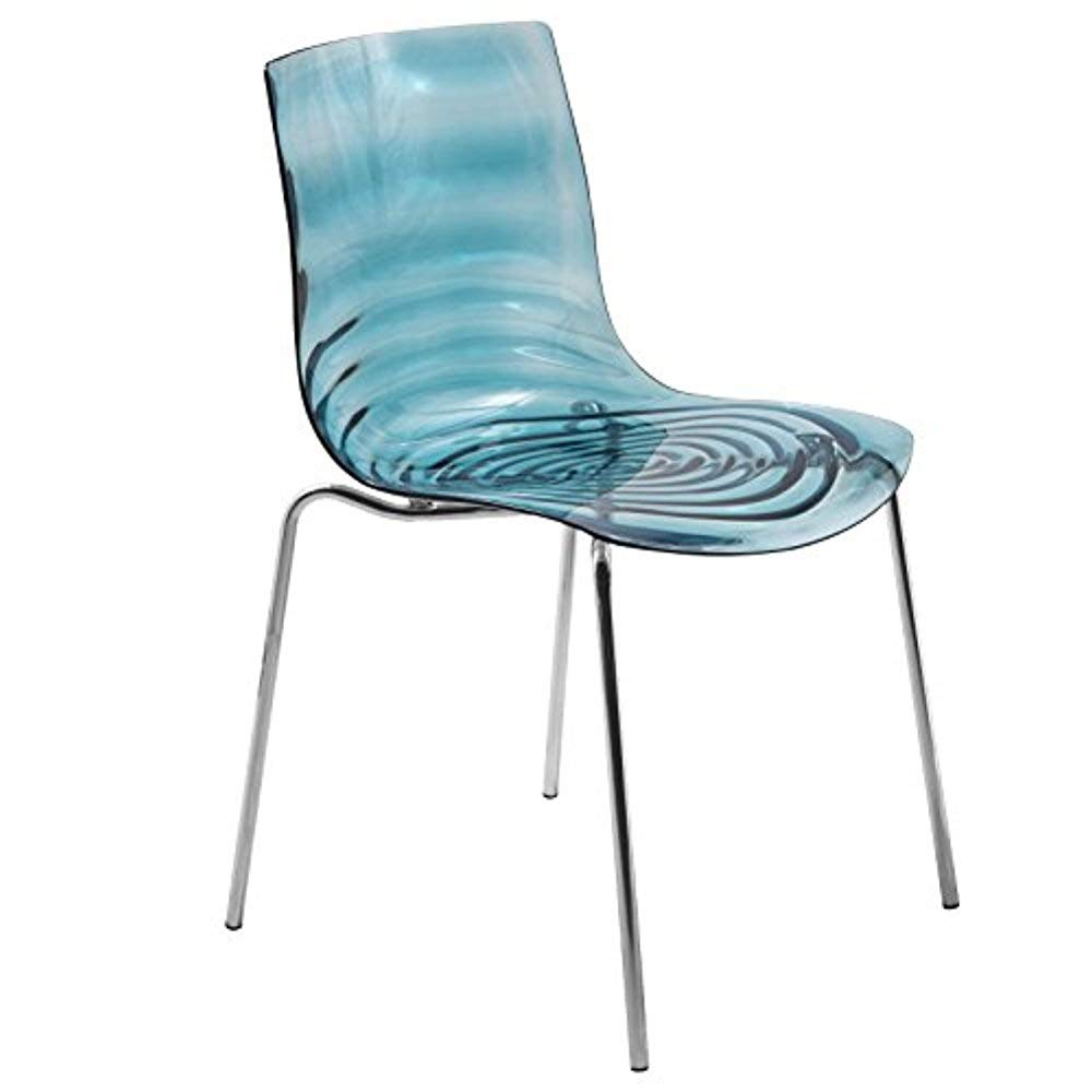 LeisureMod Astor Water Ripple Design Modern Lucite Dining Side Chair with Metal Legs, Transparent Blue