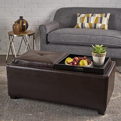 Christopher Knight Home Maxwell Bonded Leather Double Tray Ottoman, Brown