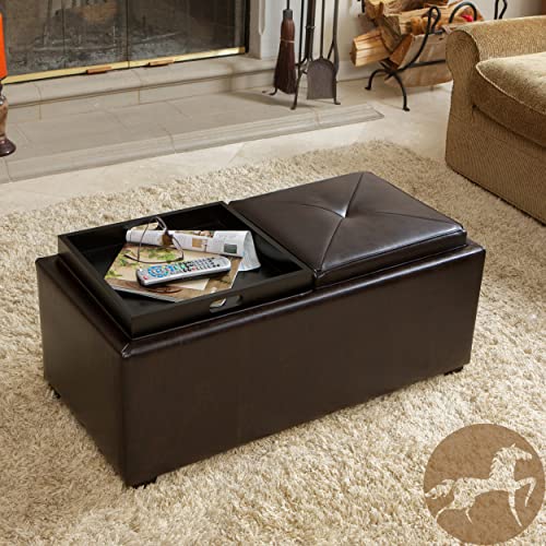 Christopher Knight Home Maxwell Bonded Leather Double Tray Ottoman, Brown