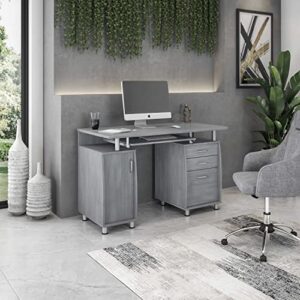 techni mobili complete workstation table with multiple storage, computer desk with mdf panels and pvc laminate veneer surface, grey