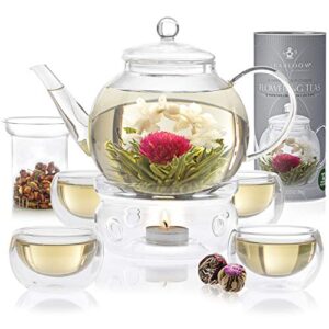 teabloom complete tea set – teapot (40 oz), loose tea infuser, 4 insulated glass teacups, tea warmer, and 12 flowering teas – elegant blooming tea gift set