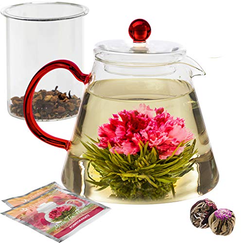 Teabloom Amore Glass Teapot – Stovetop Safe Glass Teapot with Removable Glass Infuser (34 OZ) – Two Blooming Tea Flowers Included