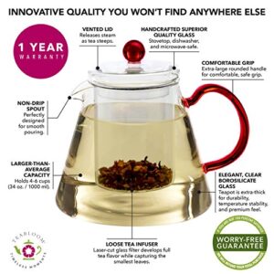 Teabloom Amore Glass Teapot – Stovetop Safe Glass Teapot with Removable Glass Infuser (34 OZ) – Two Blooming Tea Flowers Included