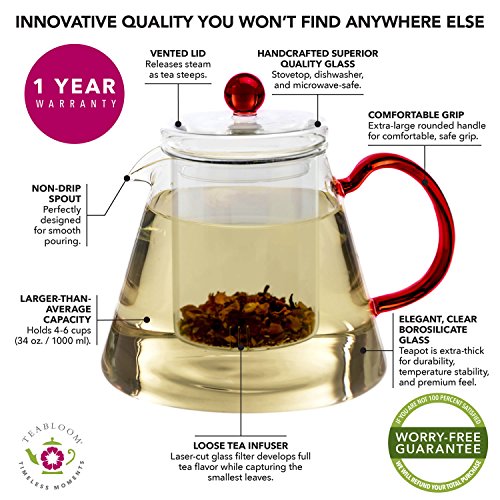 Teabloom Amore Glass Teapot – Stovetop Safe Glass Teapot with Removable Glass Infuser (34 OZ) – Two Blooming Tea Flowers Included