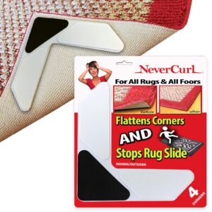 nevercurl 4pk rug corner grippers - instantly flattens rug corners stops slipping, stiff layer prevent curling, renewable carpet gripper sticky gel, easy lift design to clean under rugs, carpet tape