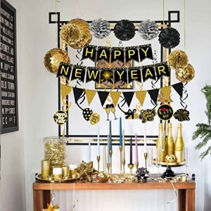 Happy New Year Banner Pom poms Triangle Flag Swirls Garland Hanging Bunting for Happy New Year Party Decorations