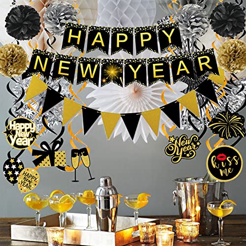 Happy New Year Banner Pom poms Triangle Flag Swirls Garland Hanging Bunting for Happy New Year Party Decorations