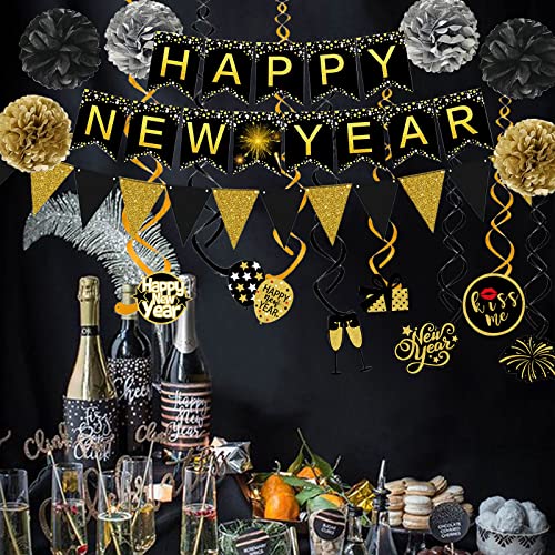 Happy New Year Banner Pom poms Triangle Flag Swirls Garland Hanging Bunting for Happy New Year Party Decorations