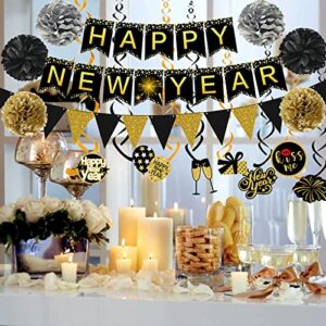 Happy New Year Banner Pom poms Triangle Flag Swirls Garland Hanging Bunting for Happy New Year Party Decorations