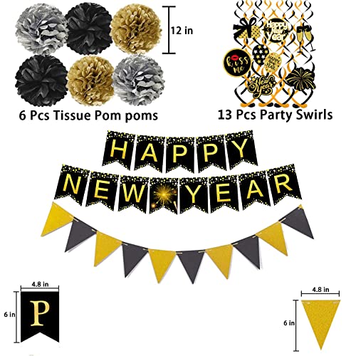 Happy New Year Banner Pom poms Triangle Flag Swirls Garland Hanging Bunting for Happy New Year Party Decorations