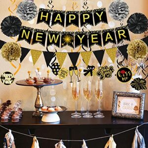 Happy New Year Banner Pom poms Triangle Flag Swirls Garland Hanging Bunting for Happy New Year Party Decorations