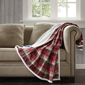 woolrich plaid electric blanket throw plush reverse sherpa oversize with 3 heat level setting controller, 60x70, tasha red