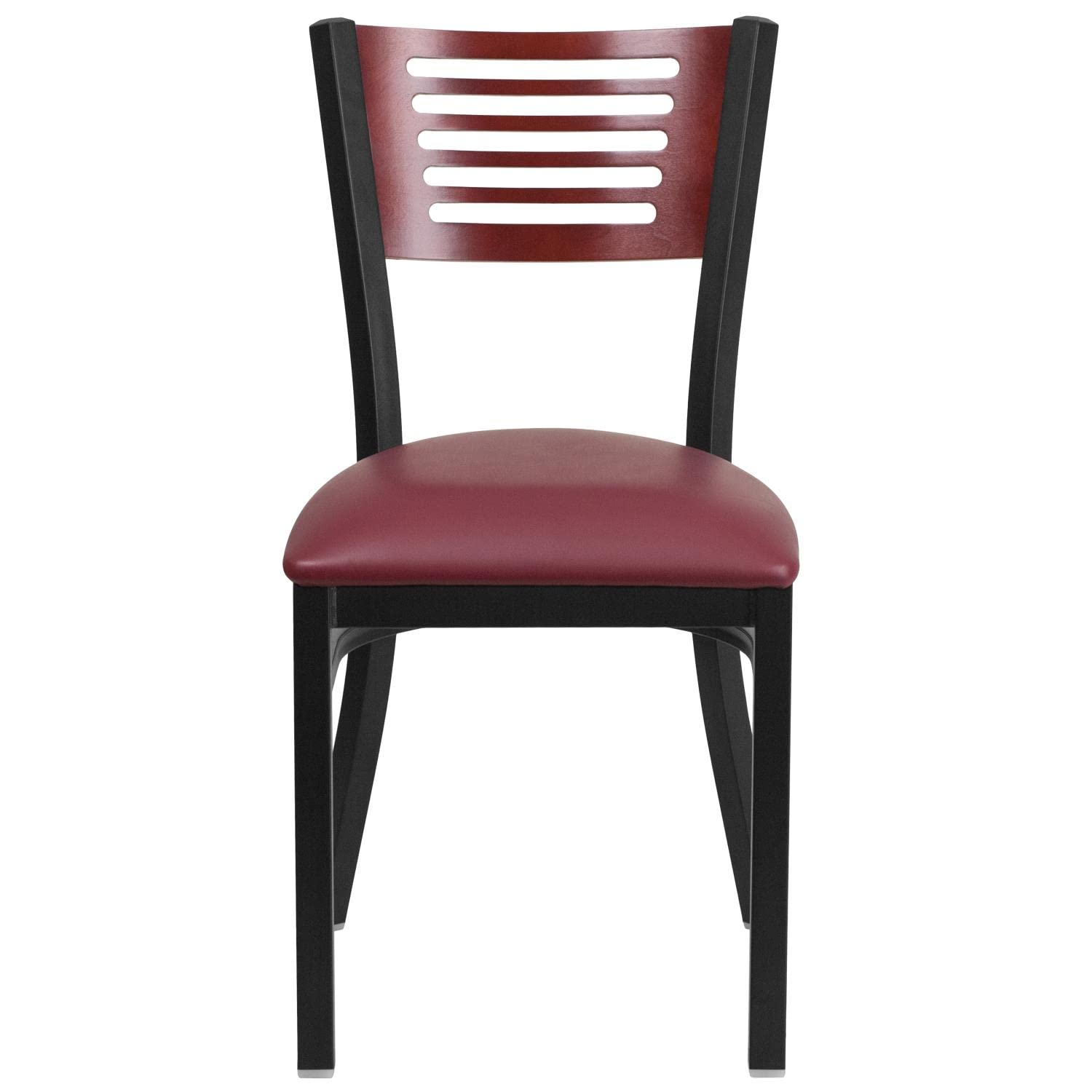 Flash Furniture HERCULES Series Black Slat Back Metal Restaurant Chair - Mahogany Wood Back, Burgundy Vinyl Seat