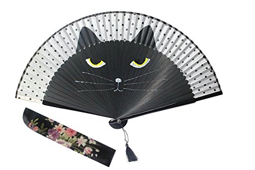 Goege Bailey Women Cartoon Cat Folding Silk Fan Jepanese Handheld Fan (Black)