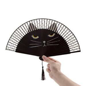 Goege Bailey Women Cartoon Cat Folding Silk Fan Jepanese Handheld Fan (Black)