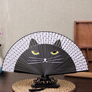 Goege Bailey Women Cartoon Cat Folding Silk Fan Jepanese Handheld Fan (Black)