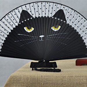 Goege Bailey Women Cartoon Cat Folding Silk Fan Jepanese Handheld Fan (Black)