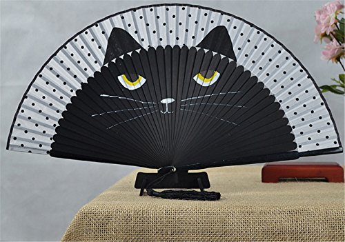 Goege Bailey Women Cartoon Cat Folding Silk Fan Jepanese Handheld Fan (Black)