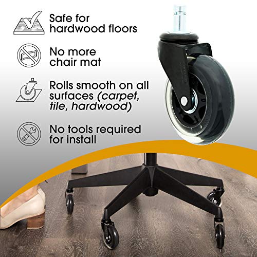 (Set of 5) Office Addiction - Office Chair Replacement Wheels - Hardwood Safe 3-Inch Heavy Duty Replacements - Ball Bearing Swivels - Floor Safe Design - Black/Clear