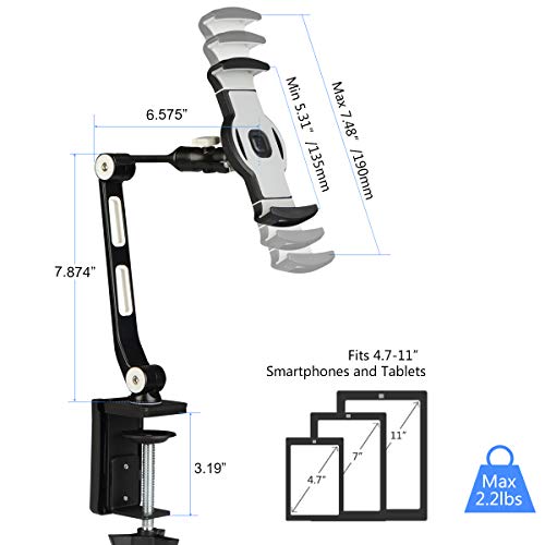 Suptek Aluminum Alloy Cell Phone Desk Mount 360° Tablet Stand and Holders Adjustable for iPad, iPhone, Samsung, Asus and More 4.7-11 inch Devices, Good for Bed, Kitchen, Office (YF208B)