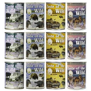 taste of the wild grain-free canned dog food variety pack - wetlands, pacific stream, high prairie, and sierra mountain pack of 12, 13.2 ounce cans by taste of the wild