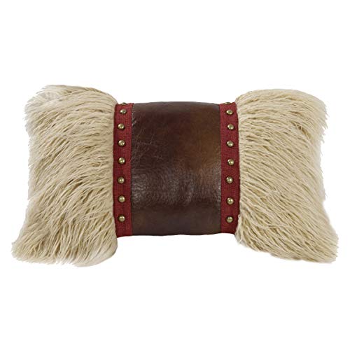 Paseo Road by HiEnd Accents | Ruidoso Mongolian Sheep Lamb Faux Fur Studded Faux Leather Western Decorative Throw Pillow, 12x19 inch, Rustic Cabin Accent Pillow for Bed, Couch, Sofa