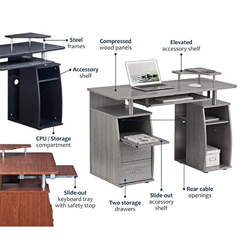 Pemberly Row Home Office Computer Desk in Espresso with CPU Storage Cabinet and Drawers