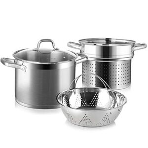 duxtop professional stainless steel pasta pot with strainer insert, 4pc multipots includes pasta pot & steamer pot, 8.6qt induction stock pot with glass lid, impact-bonded technology