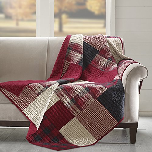 Woolrich Luxury Quilted Throw - Cabin Lifestyle, Patchwork with Moose Design All Season, Lightweight and Breathable Cozy Bedding Layer Throws for Couch Sofa, 50" W x 70" L, Sunset Red