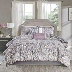 madison park gabby sateen cotton comforter set, breathable, soft cover, trendy, all season down alternative cozy bedding with matching shams, queen (90 in x 90 in), paisley lavender/grey 7 piece