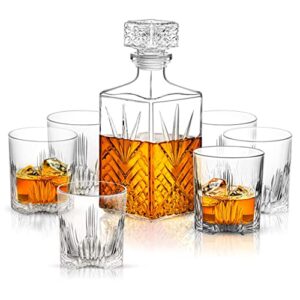 paksh novelty whiskey decanter set - 7-piece italian crafted glass decanter & whiskey glasses set - holiday whiskey gifts for men and women w/ ornate stopper and 6 cocktail glasses, red