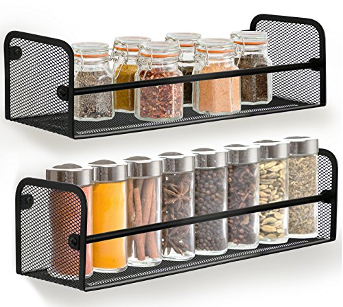 Greenco Wall Mount Single Tier Mesh Spice Rack, Black, Set 2