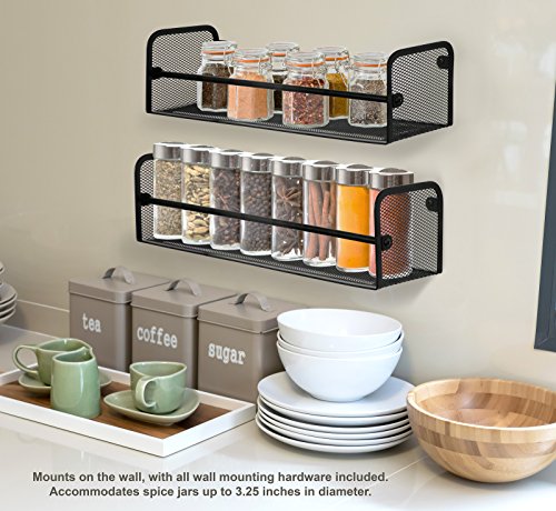 Greenco Wall Mount Single Tier Mesh Spice Rack, Black, Set 2