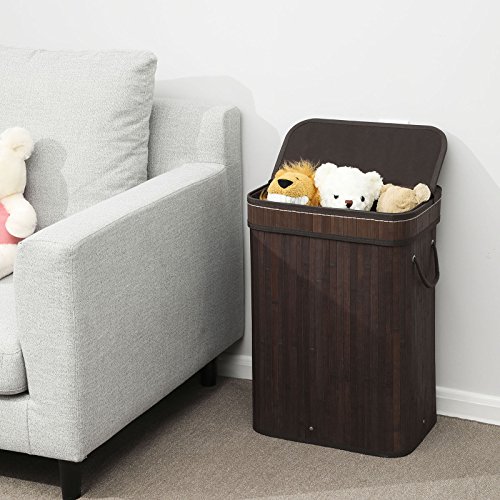 SONGMICS Bamboo Laundry Hamper Storage Basket Foldable Dirty Clothes Hamper with Lid Handles and Removable Liner Rectangular Dark Brown ULCB10B