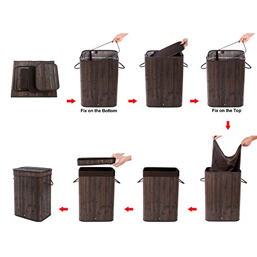 SONGMICS Bamboo Laundry Hamper Storage Basket Foldable Dirty Clothes Hamper with Lid Handles and Removable Liner Rectangular Dark Brown ULCB10B