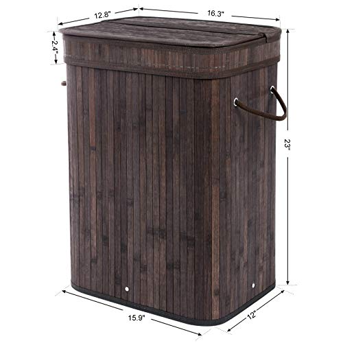 SONGMICS Bamboo Laundry Hamper Storage Basket Foldable Dirty Clothes Hamper with Lid Handles and Removable Liner Rectangular Dark Brown ULCB10B