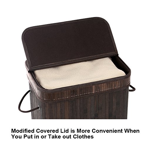 SONGMICS Bamboo Laundry Hamper Storage Basket Foldable Dirty Clothes Hamper with Lid Handles and Removable Liner Rectangular Dark Brown ULCB10B